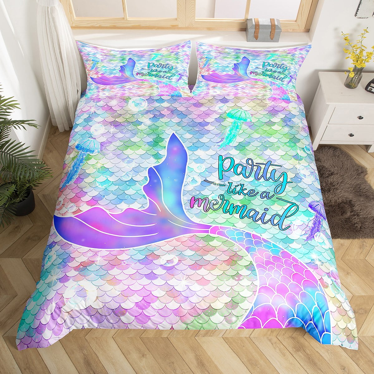 Erosebridal Mermaid Comforter Cover Cute Mermaid Tail Bed Set, Rainbow ...