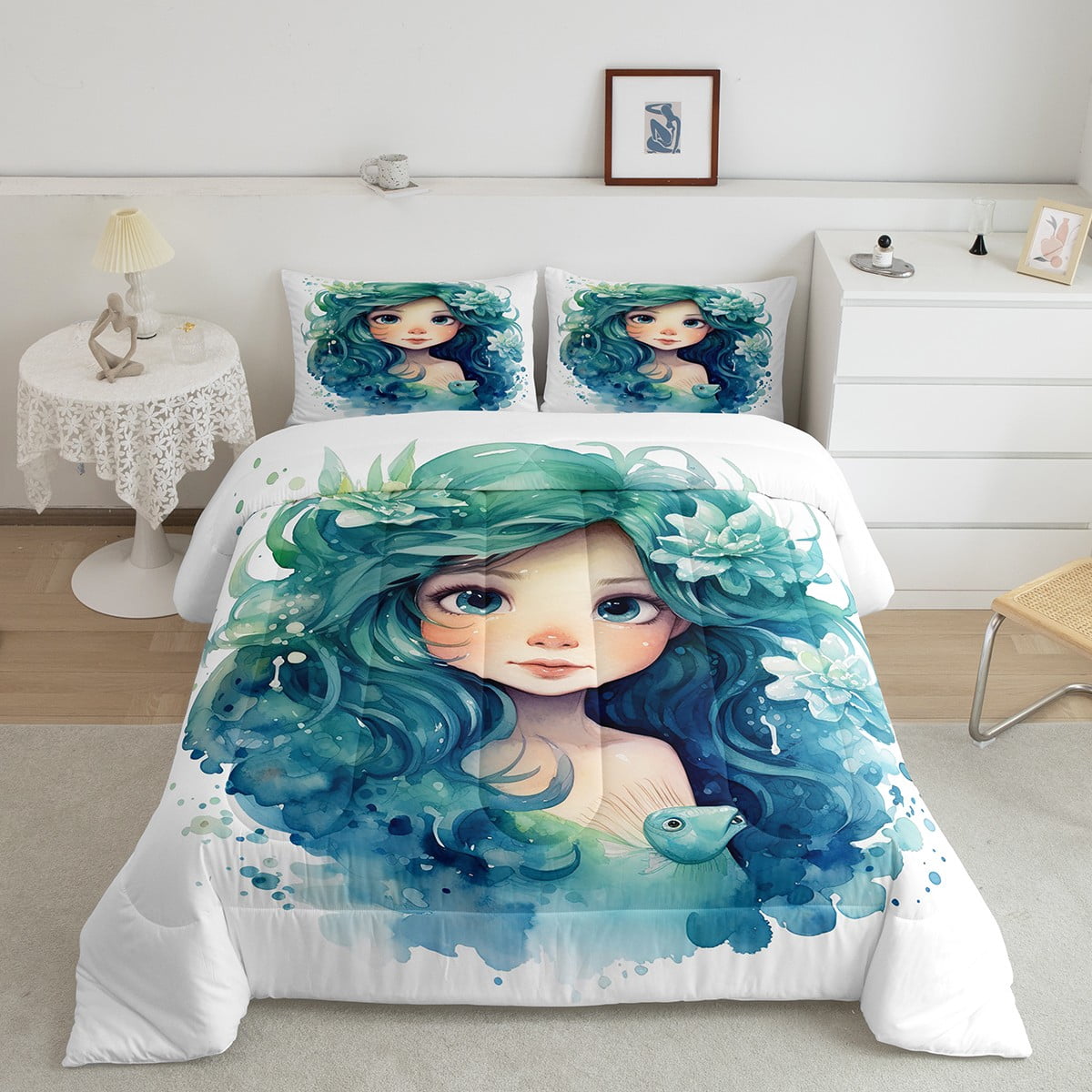 Mermaid Comforter Set Full Princess Bedding Underwater Marine Life ...