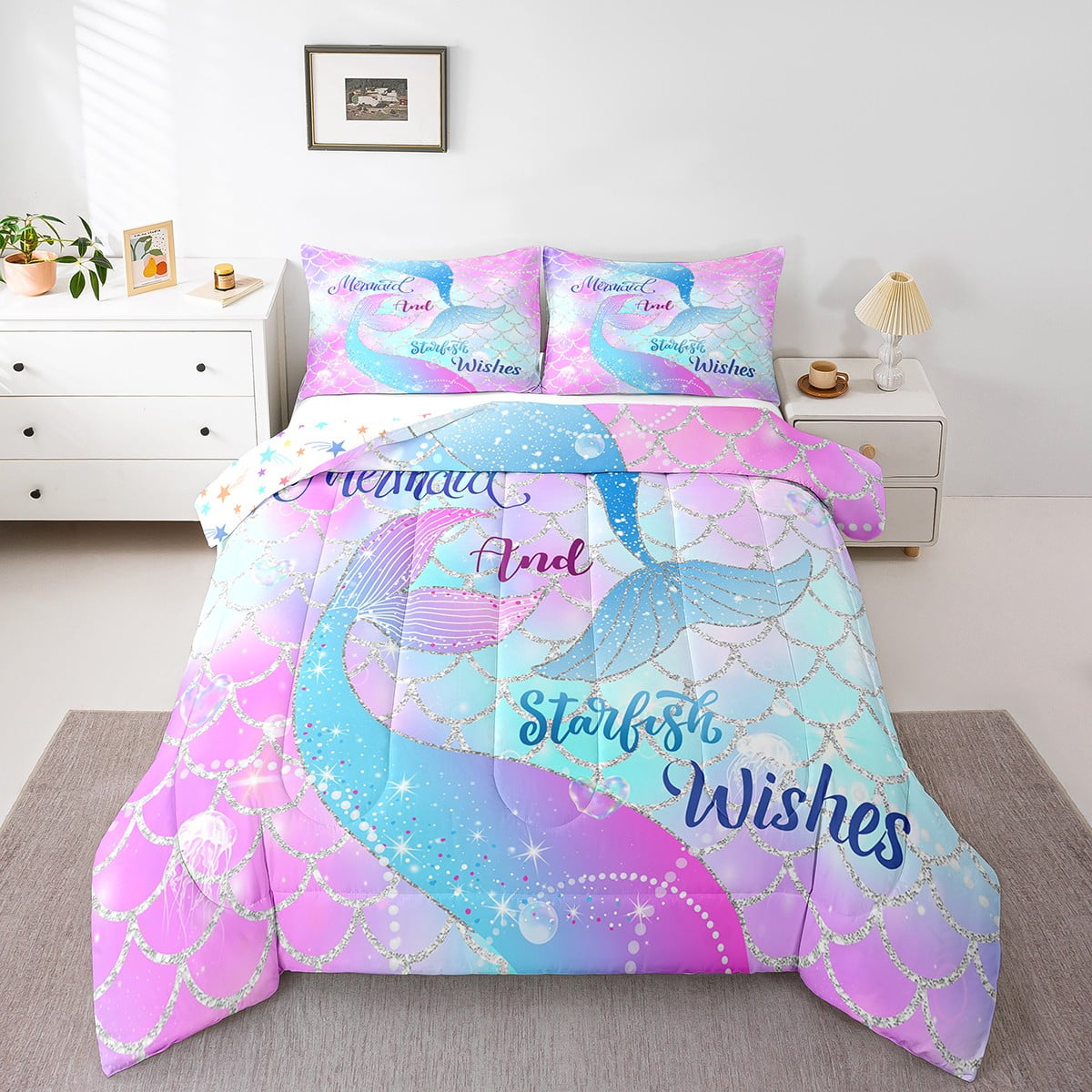 Mermaid Comforter Set Queen Size for Teen , Pink Blue Rainbow Mermaid ...