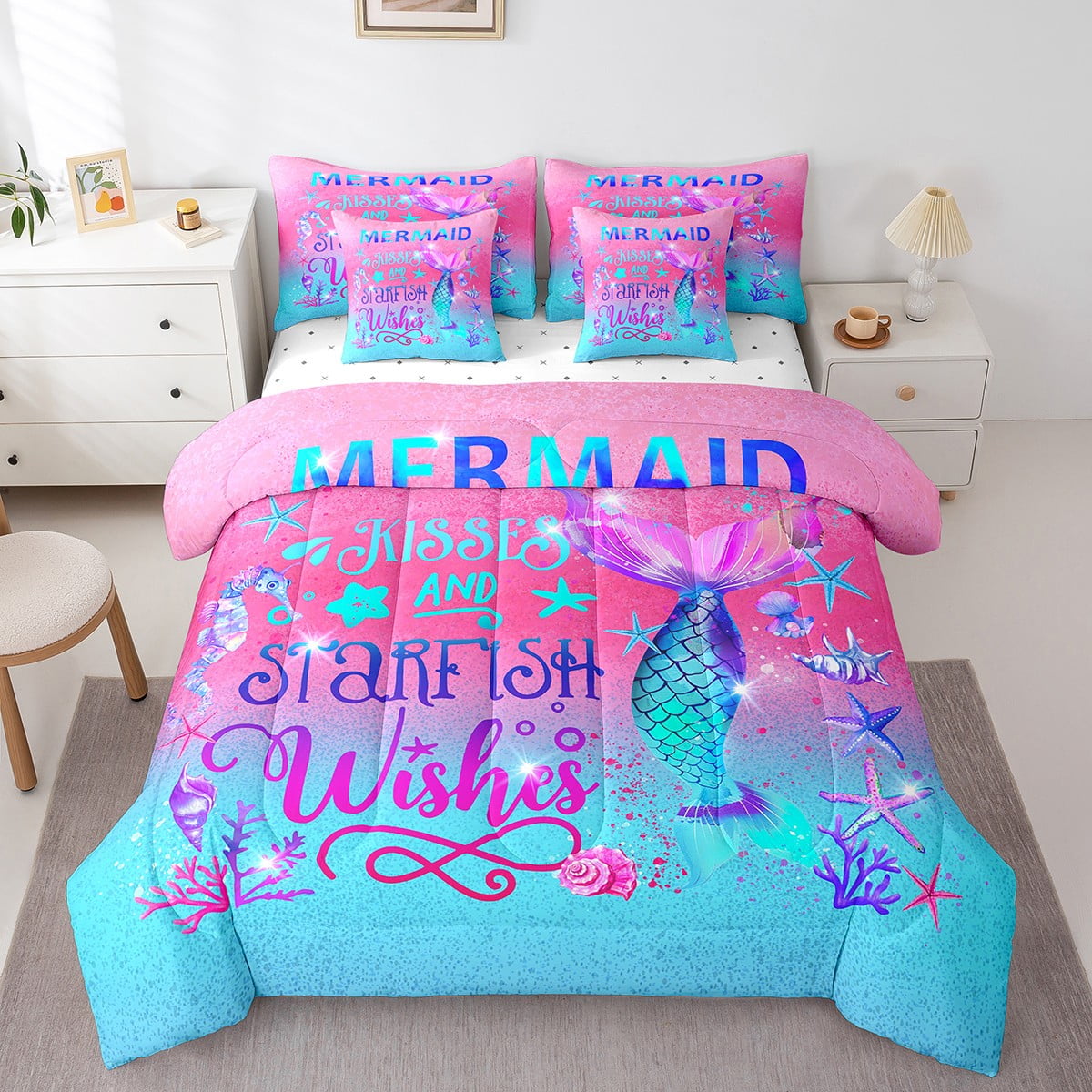 Mermaid Comforter Set Twin,Cartoon Fish Scale Bed in A Bag Women,Girly ...