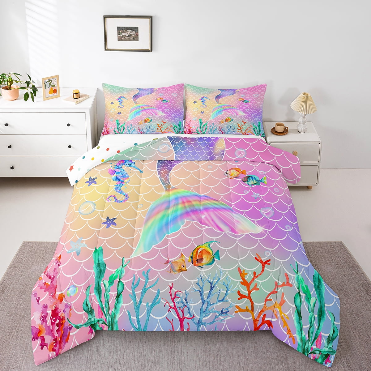 Mermaid Comforter Set Twin Size Rainbow Pink Mermaid Tail Printed ...