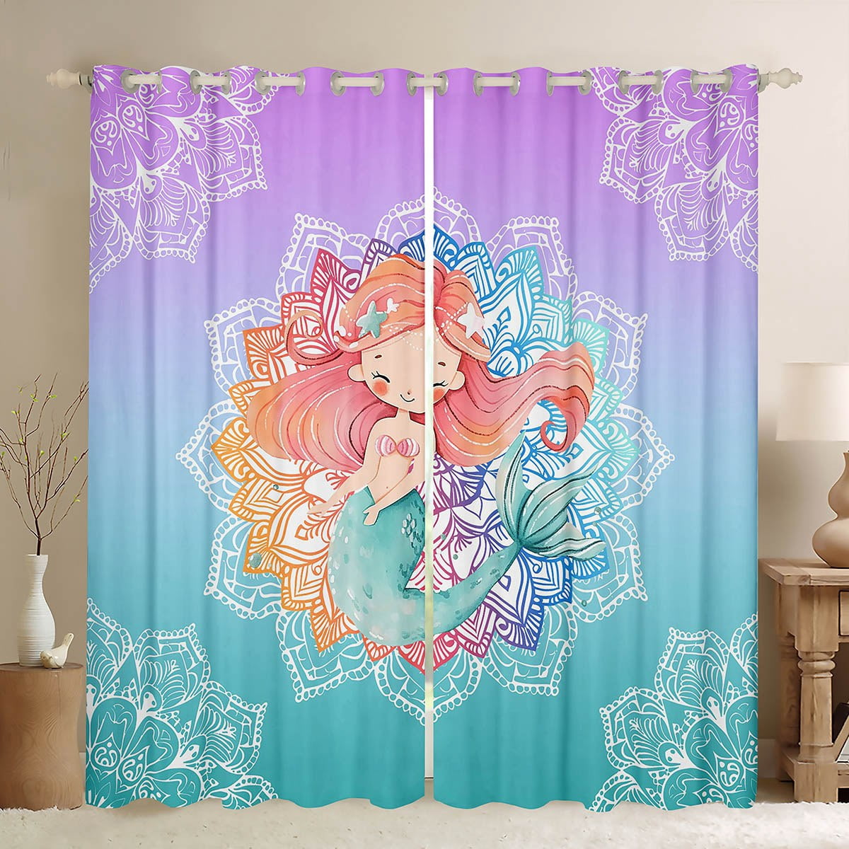 Mermaid Curtains 38"Wx45"L, Boho Flower 30%-50% Blackout Curtains ...