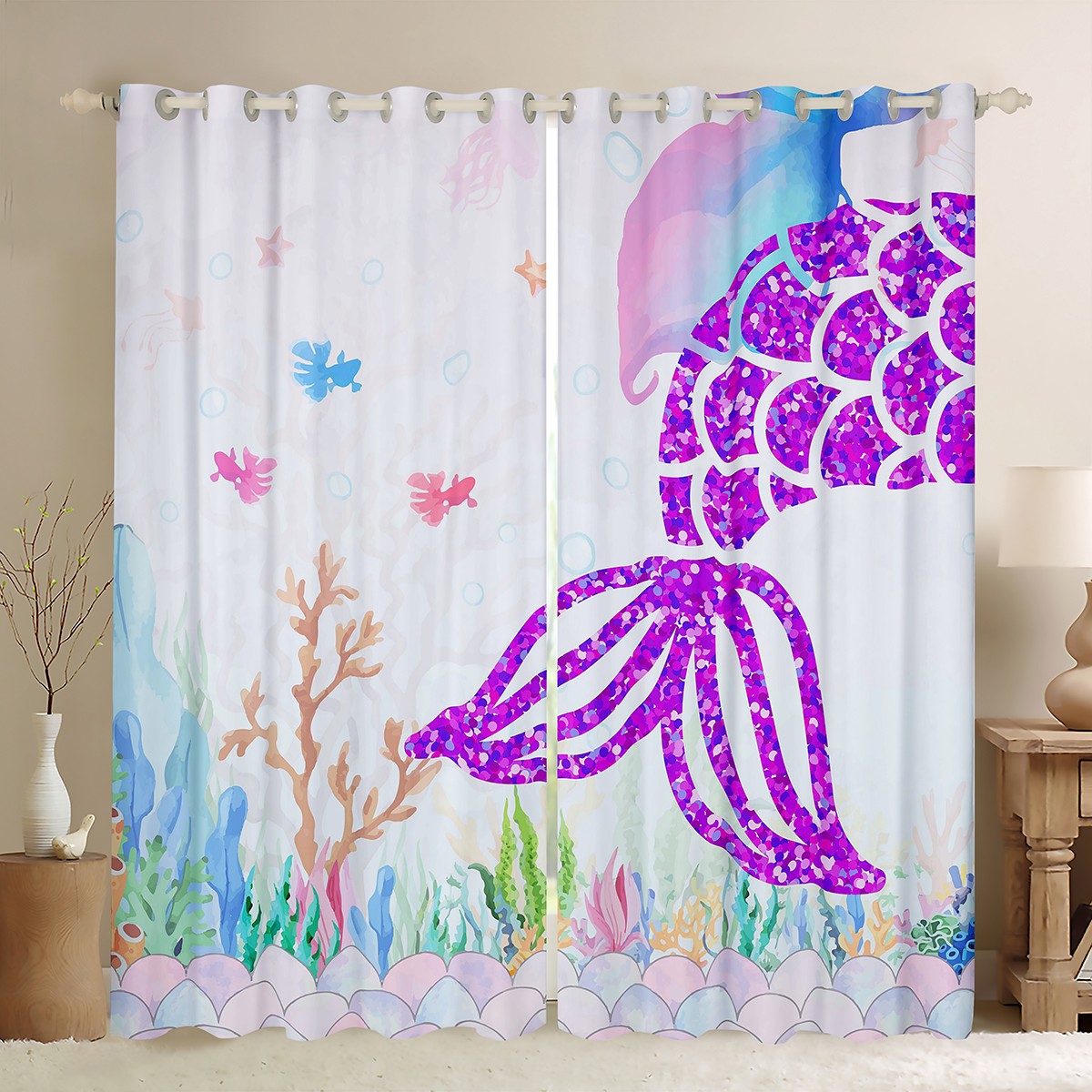 Erosebridal Mermaid Curtains, Pastel Glitter Mermaid Tail Window ...
