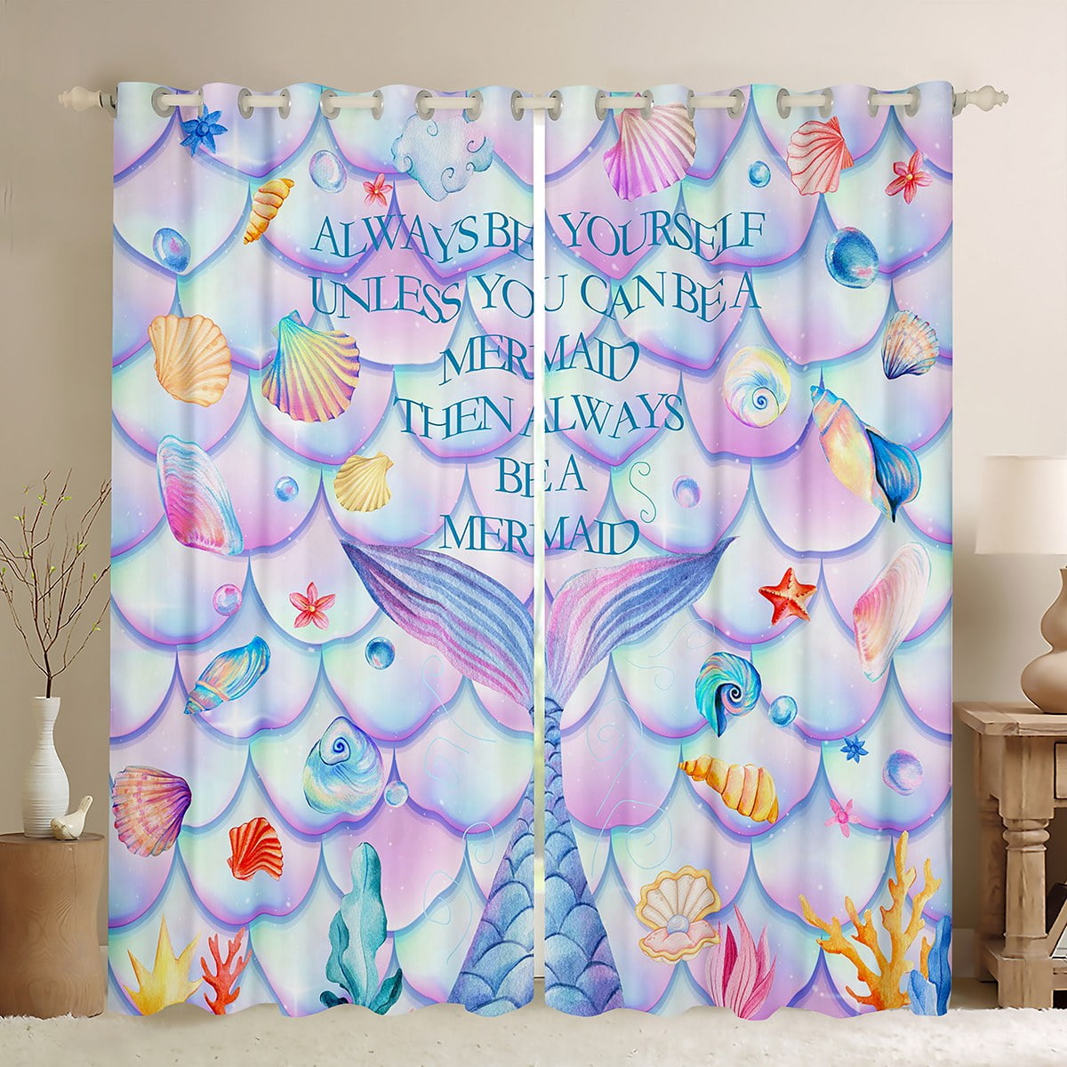 Erosebridal Mermaid Curtains Mermaid Tail Sea Animal Blackout Curtains ...