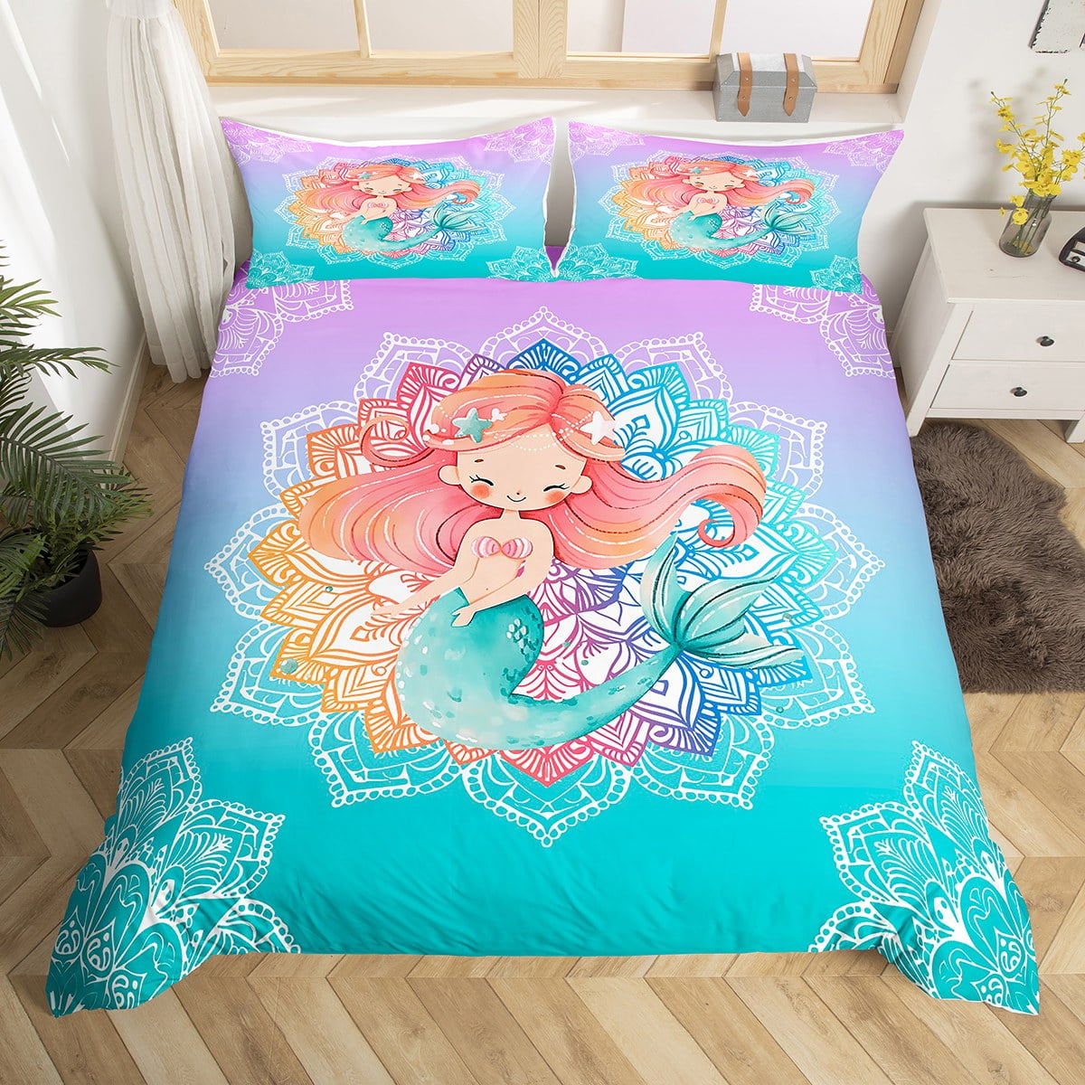YST Mermaid Duvet Cover Queen, Boho Flower Bedding Set for Kids Girls ...
