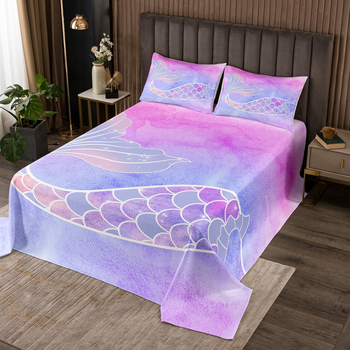 Erosebridal Mermaid Quilt Set Rainbow Pink Mermaid Tail Design ...