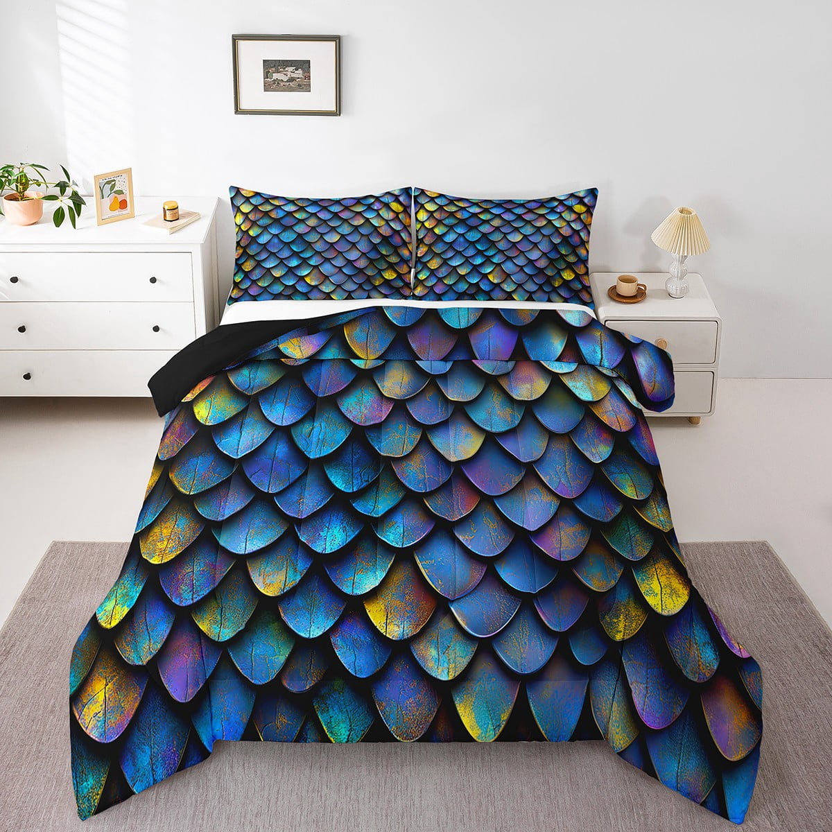 Mermaid Scales Bedding Set ,Dark Blue Fish Scales Comforter Set Teens ...