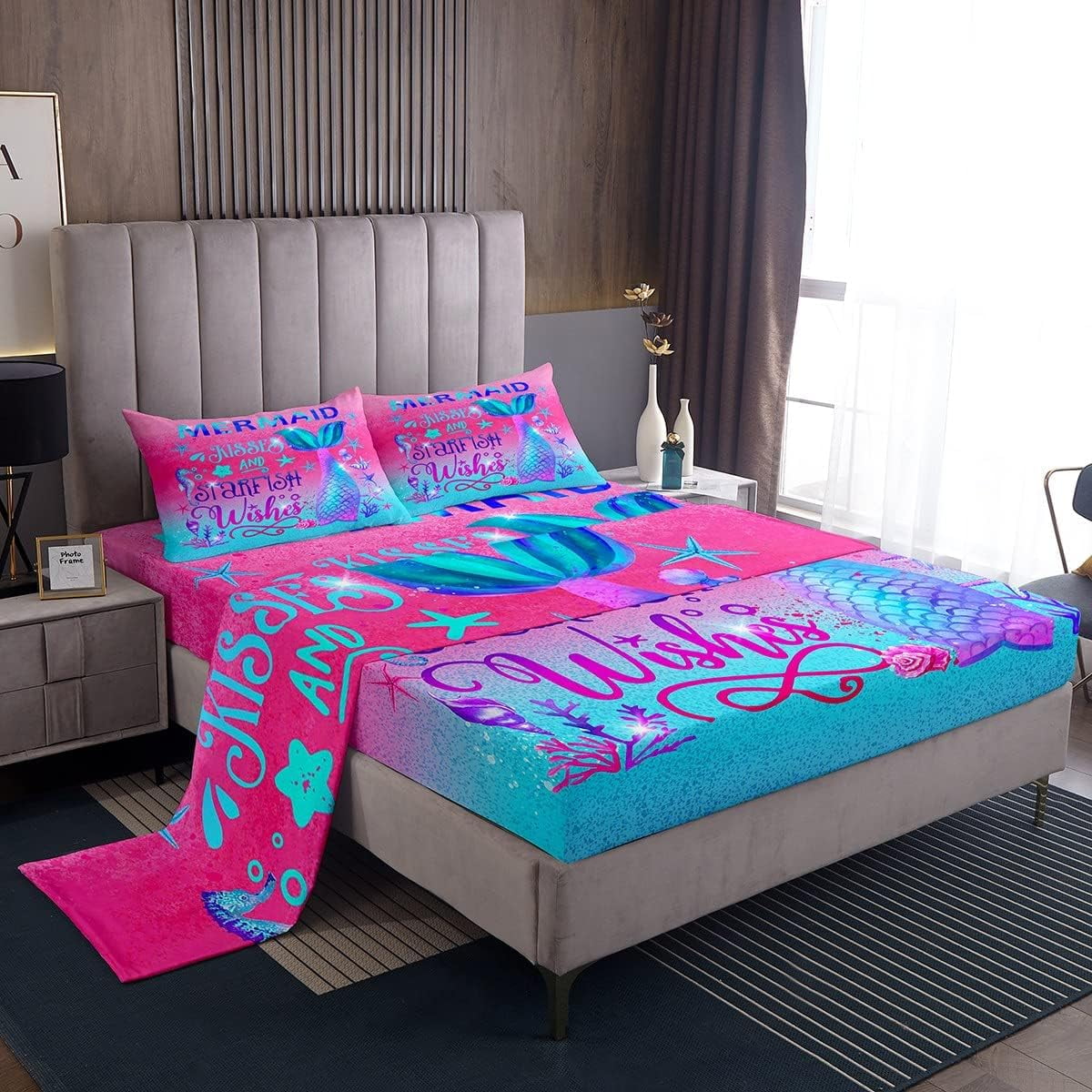 YST Mermaid Sheet Set Full,Cartoon Fish Scale Bed Sheets for Kids Girls ...