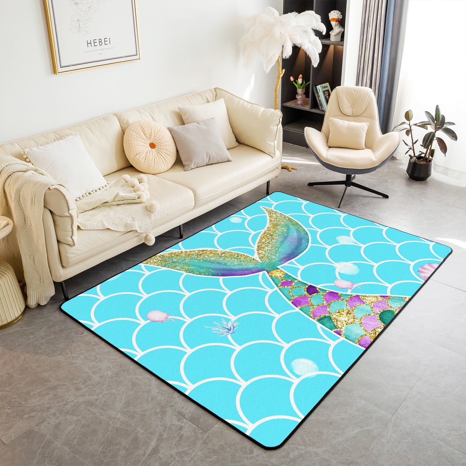 Erosebridal Mermaid Tail Area Rug Bedroom Decor,Colorful Fish Scales ...