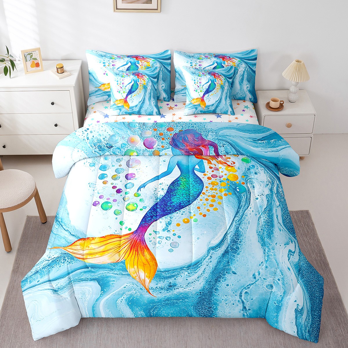 YST Mermaid Tail Bed In A Bag Full Comforter Set 7 Piece, Blue Marble ...