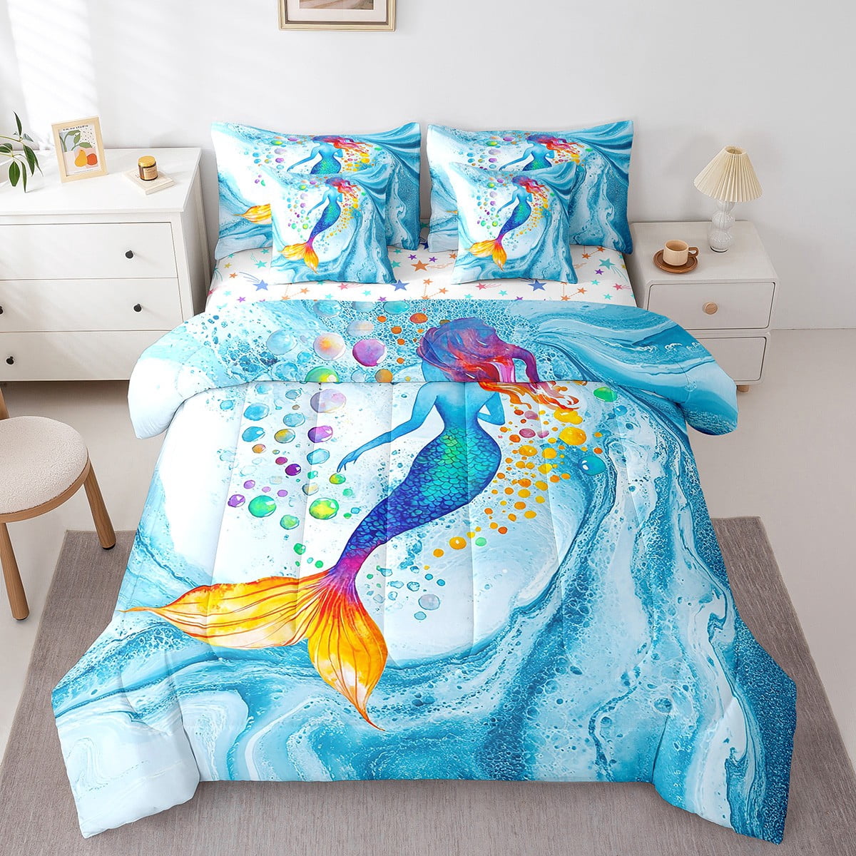 YST Mermaid Tail Bed In A Bag Queen Comforter Set 7 Piece, Blue Marble ...