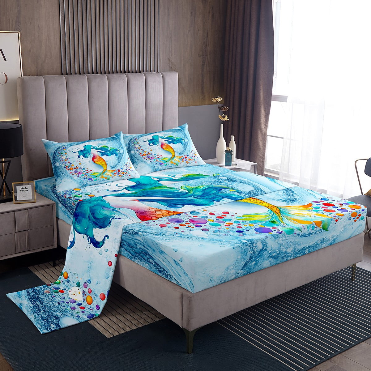 YST Mermaid Tail Bed Sheets Twin Size, Blue Marble Sheet Set Ocean ...
