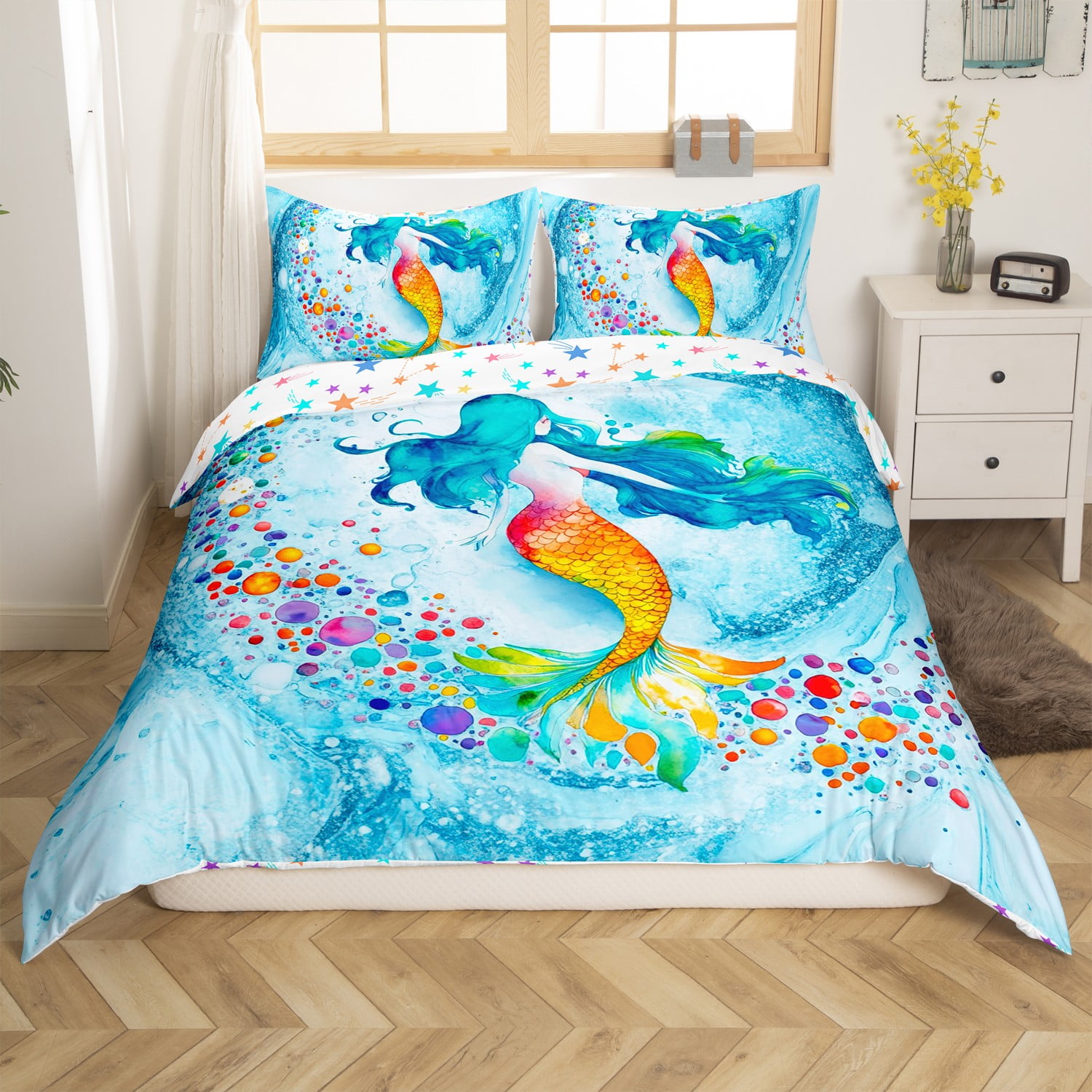 Mermaid Tail Bedding Set,Girly Mermaid Marine Life Bedspread Cover With ...