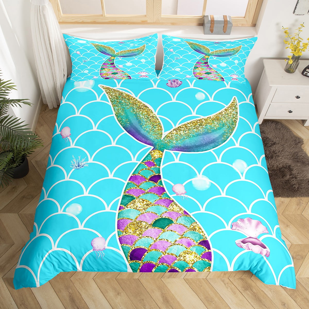 Mermaid Tail Comforter Cover Fish Scale Bedding Set Queen Kawaii Room ...
