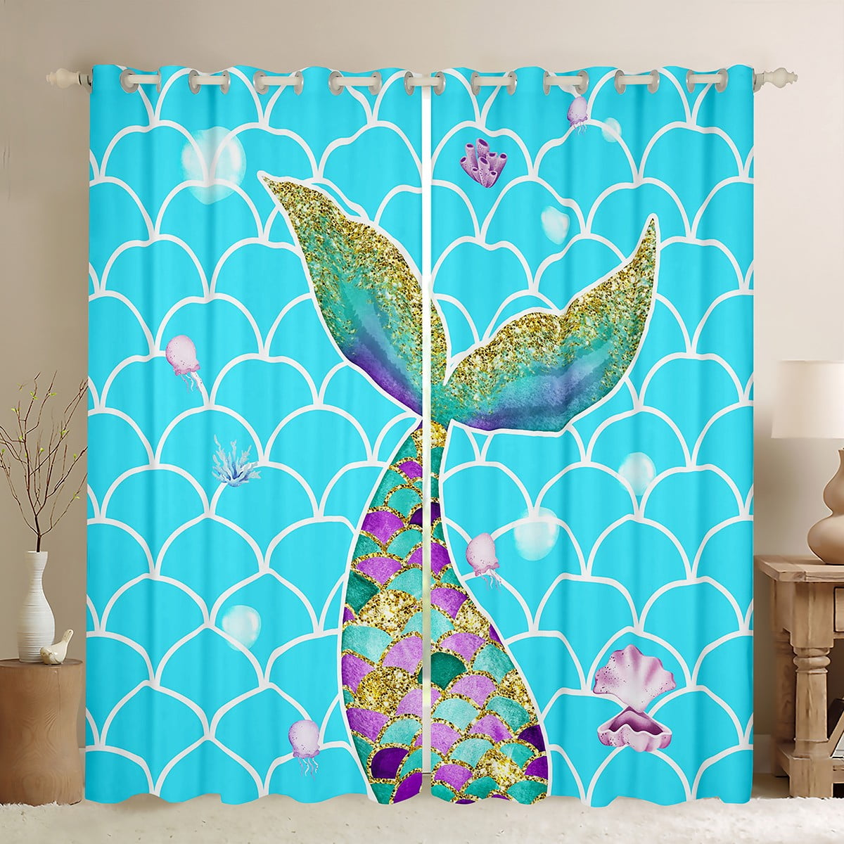 Erosebridal Mermaid Tail Curtains Fish Scale Curtains & Drapes Kawaii ...