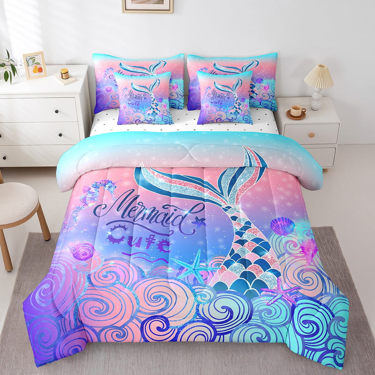 Mermaid Tail Queen Comforter,Watercolor Mermaid Bed in A Bag,Cartoon ...