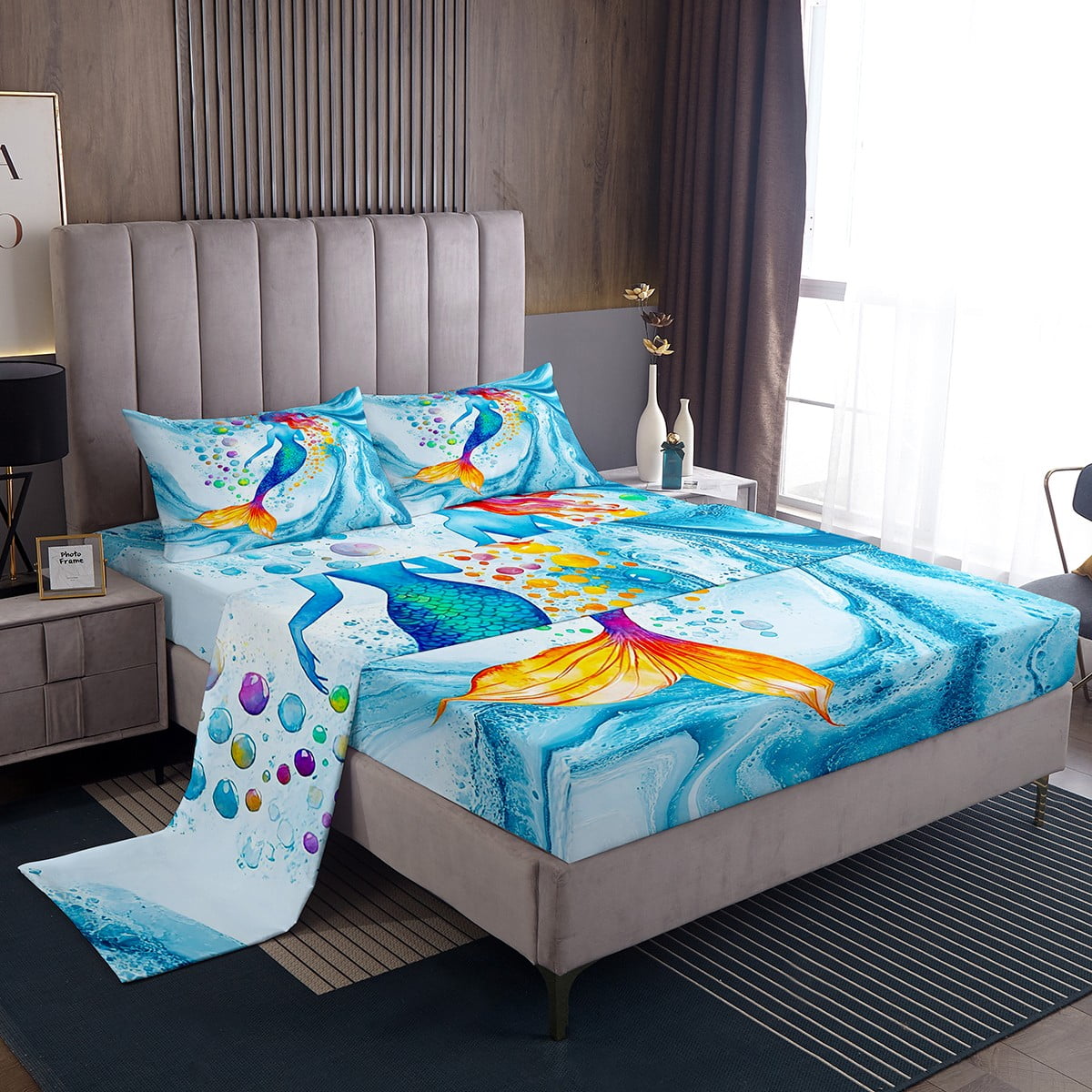 YST Mermaid Tail Sheet Set King Size, Blue Marble Sheets Ocean Animal ...