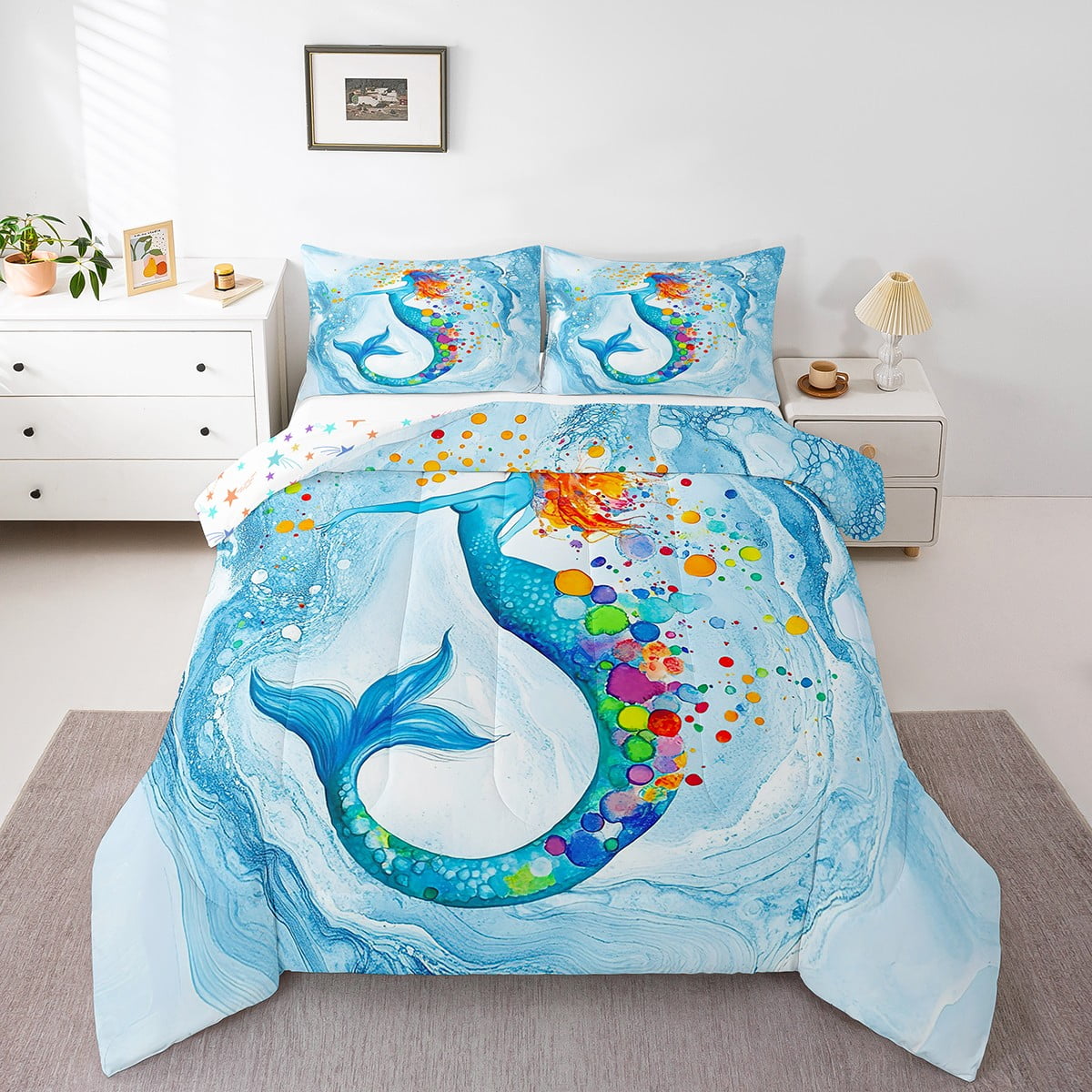 Mermaid Tail Quilt,Blue Marble Bedding Set Ocean Animal Comforter Set ...