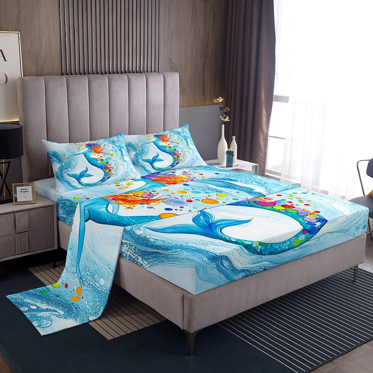 YST Mermaid Tail Twin Size Sheet Set, Blue Marble Sheets Ocean Animal ...