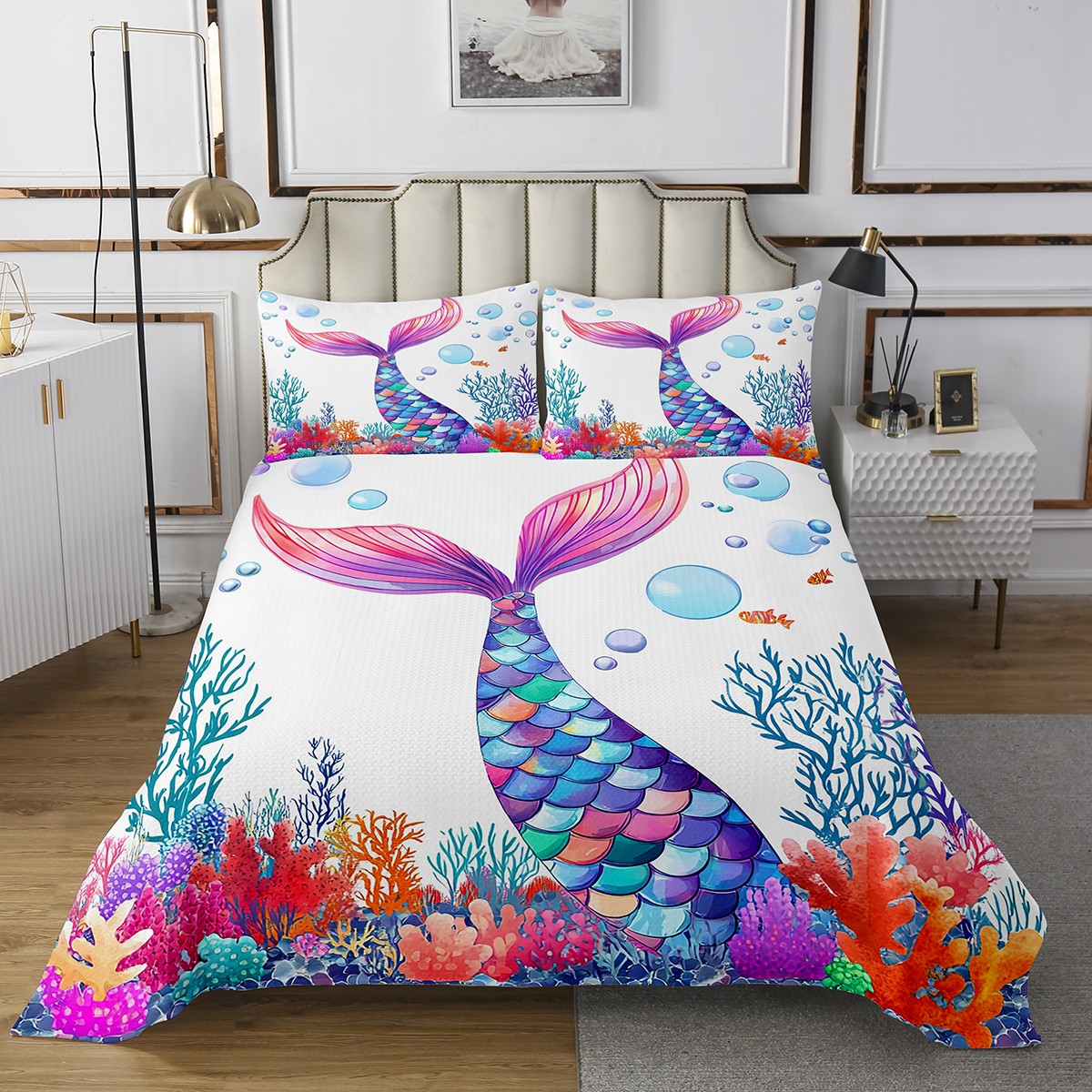 Mermaid Twin Coverlet Set,Mermaid Tail Glitter Bedspread Set Mermaid ...