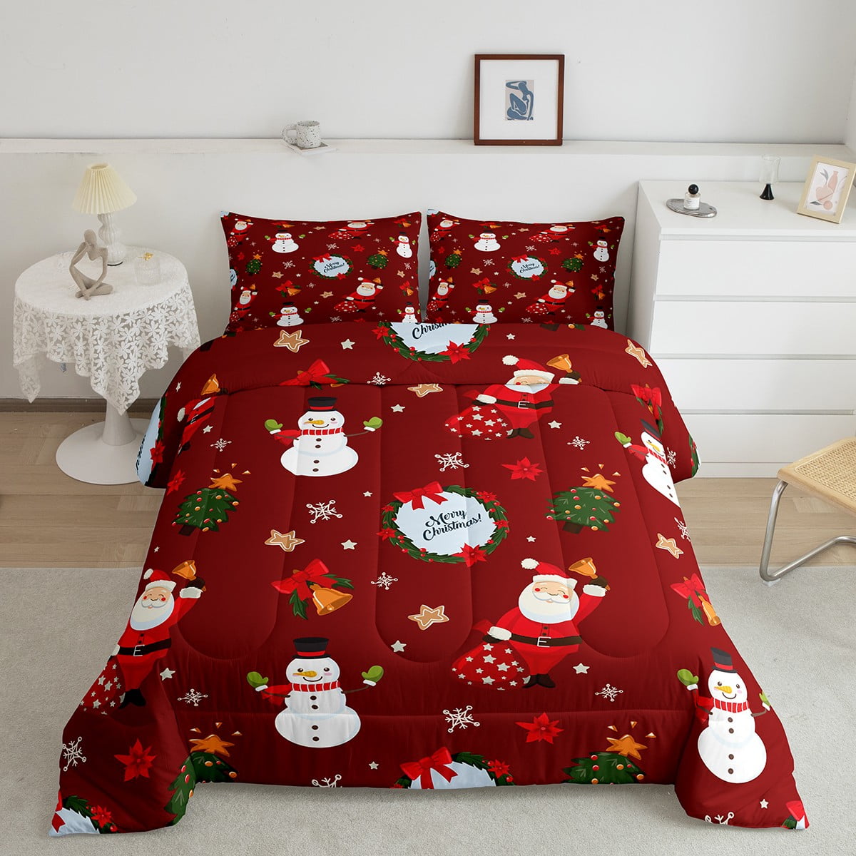 Merry Christmas Comforter Set King, Xmas Festival Bedding Set Red ...