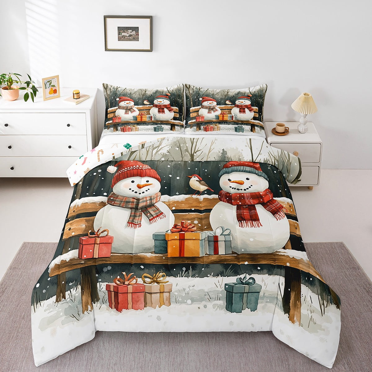 YST Merry Christmas Quilt Queen Size, Kawaii Snowman Comforter Set For ...