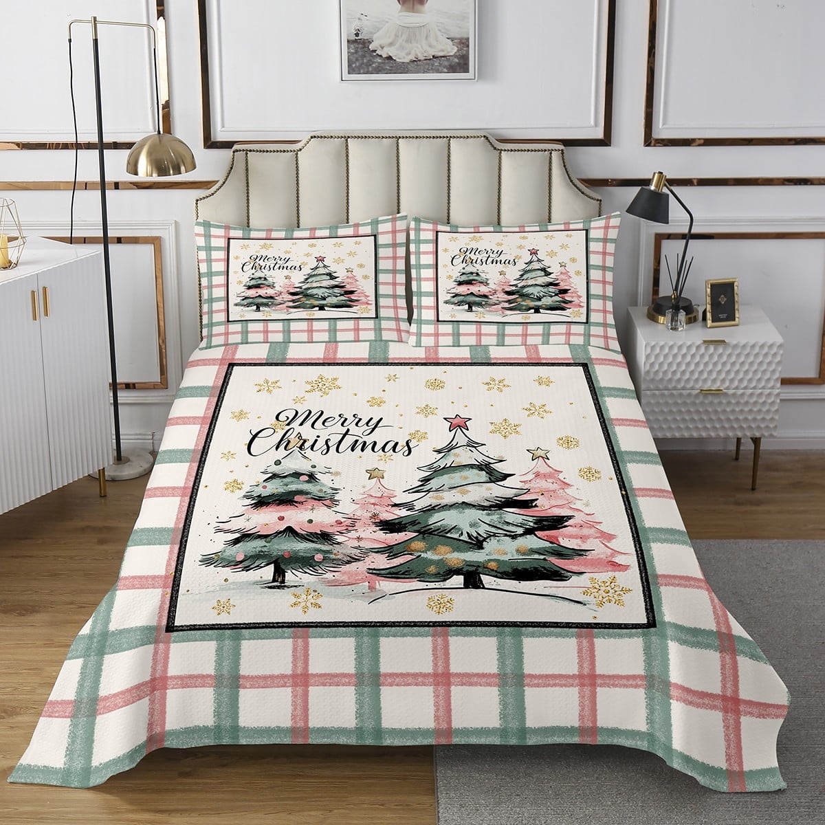 Merry Christmas Quilt Set Pine Tree Decor Snowflakes King Bedspread Set ...