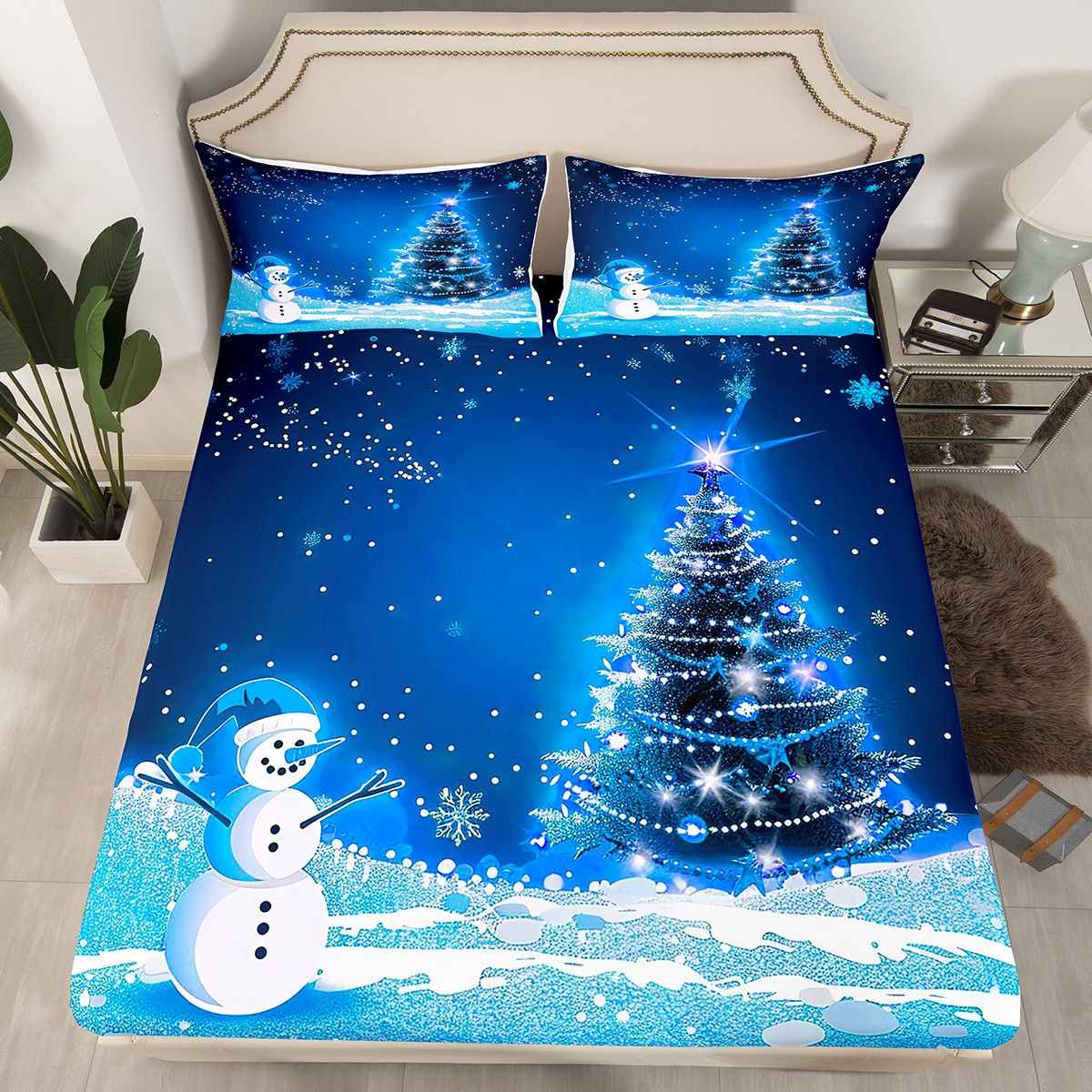 Merry Christmas Teen Bed Set Glitter Blue Christmas Tree Queen Fitted ...