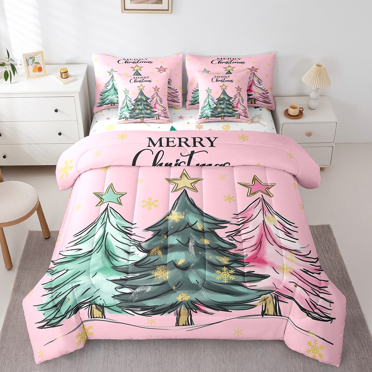 YST Merry Xmas 7 Pieces Comforter Christmas Tree Bedding Set Queen ...