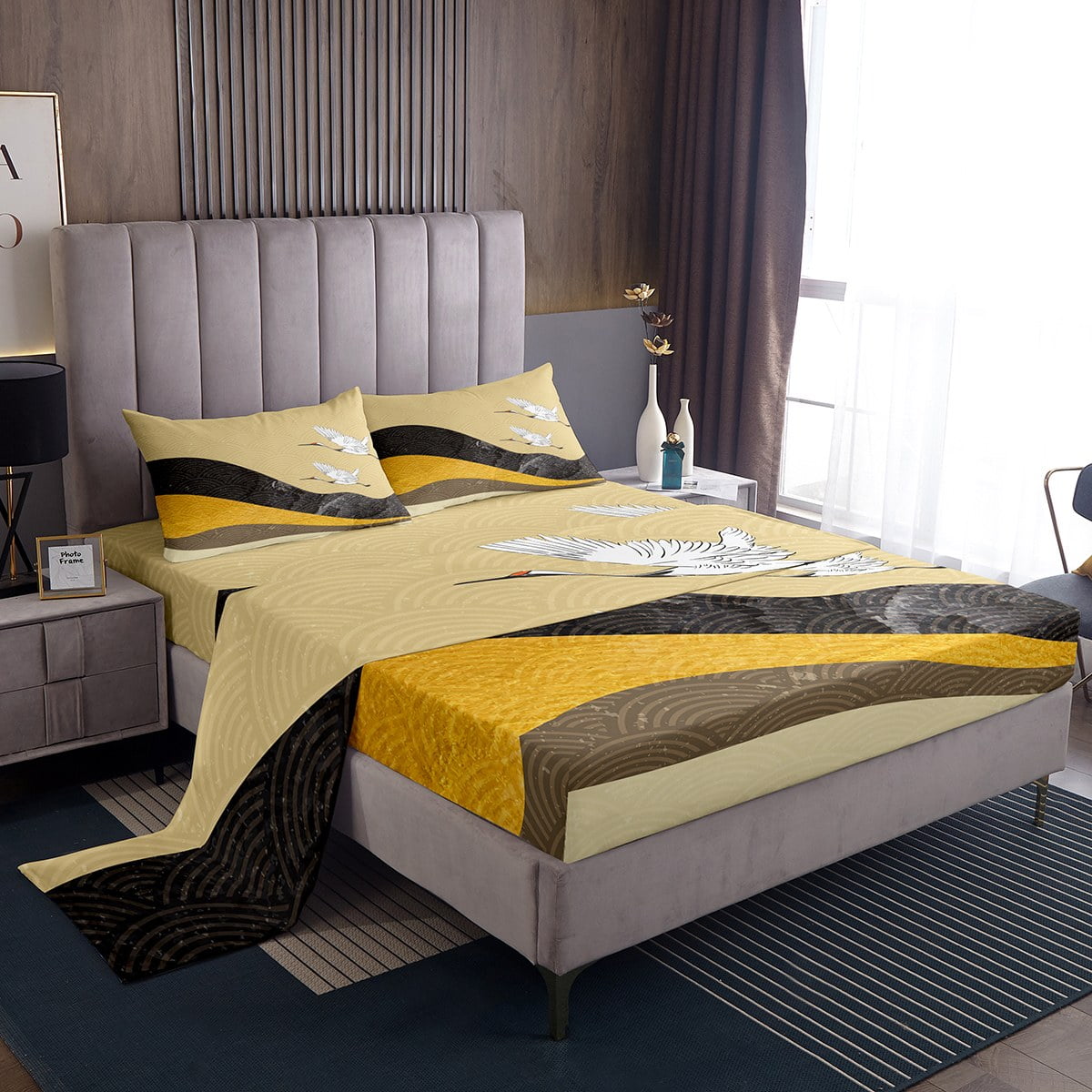 Mid Century Bed Set Modern Abstract Bed Sheets Set, Oriental Crane ...