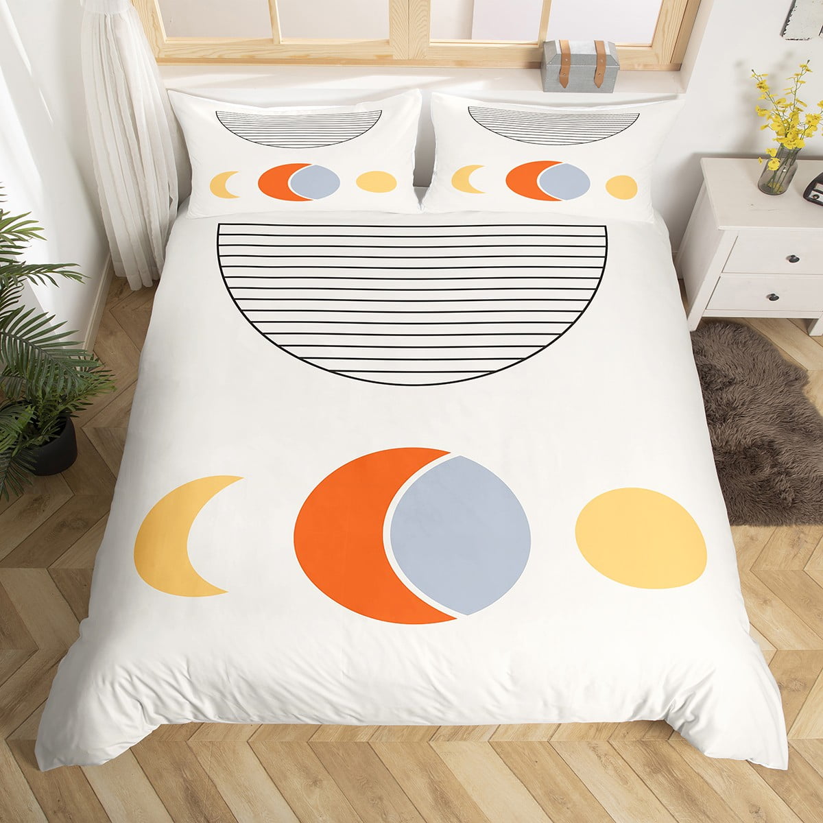 YST Mid Century Bedding Sets King Abstract Moon Comforter Cover, Geometry Striped Bed Set White ...