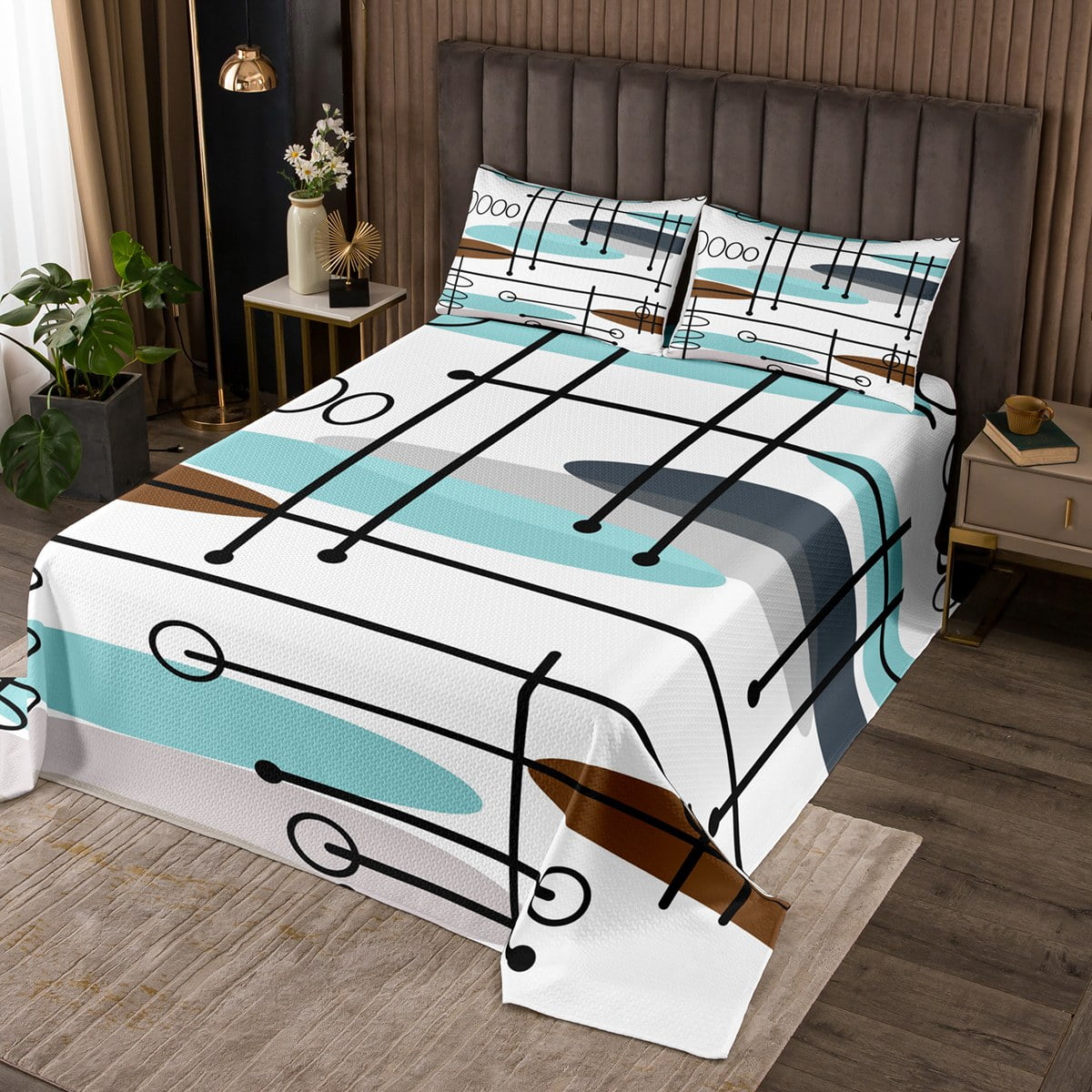 YST Mid Century Bedspread Queen Size Modern Minimalist Quilt Set Hippie Old Fashion Coverlet Set Abstract Artwork Bedding Set Aesthetic Lines Circles Bed Cover Teal White Grey Walmart Business Supplie...