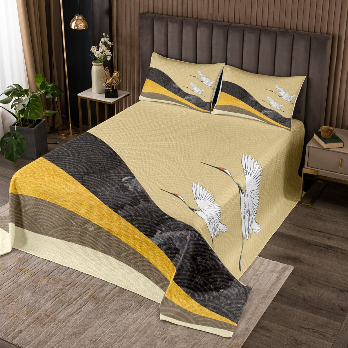YST Mid Century Coverlet Queen Size Modern Abstract Bedding Set, Oriental Crane Bedspread Set ...
