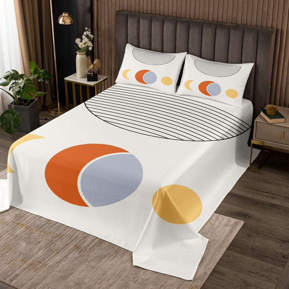 YST Mid Century Twin Quilt Set Abstract Moon Coverlet Set, Geometry Striped Bedding Set White ...