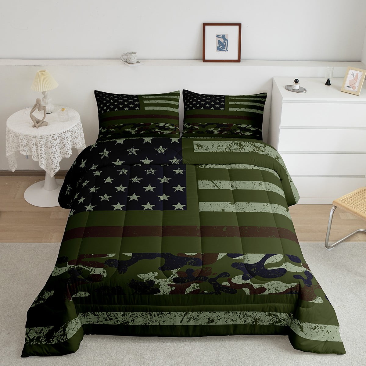 Military Bedding American Flag Army Green Comforter Set for Youth ...