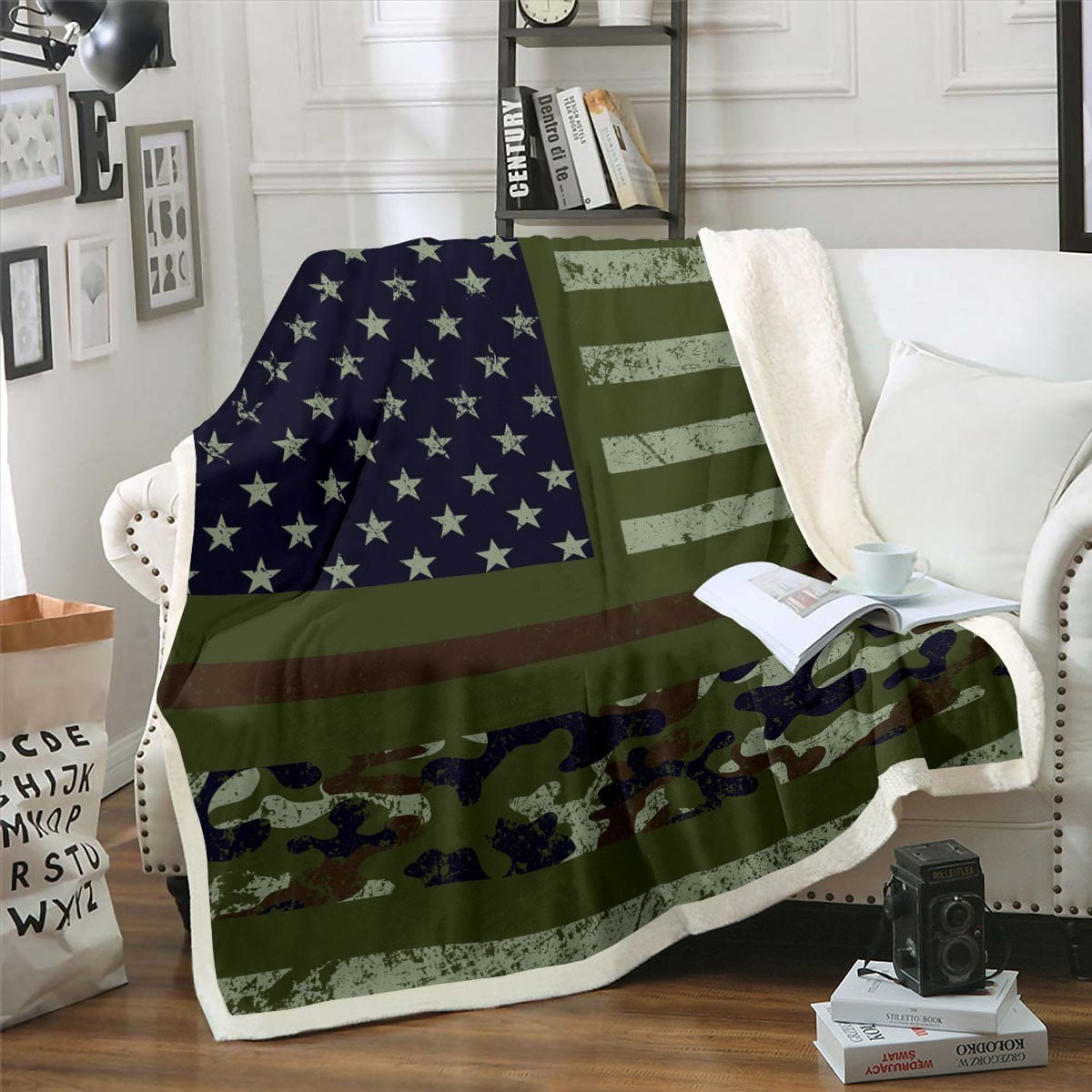 Military Fuzzy Blanket American Flag Army Green Throw Blanket for Youth ...