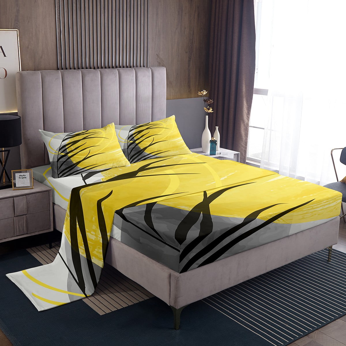 YST Minimalism Modern Bed Sheets Set Grey Black Yellow Queen Size Sheet ...