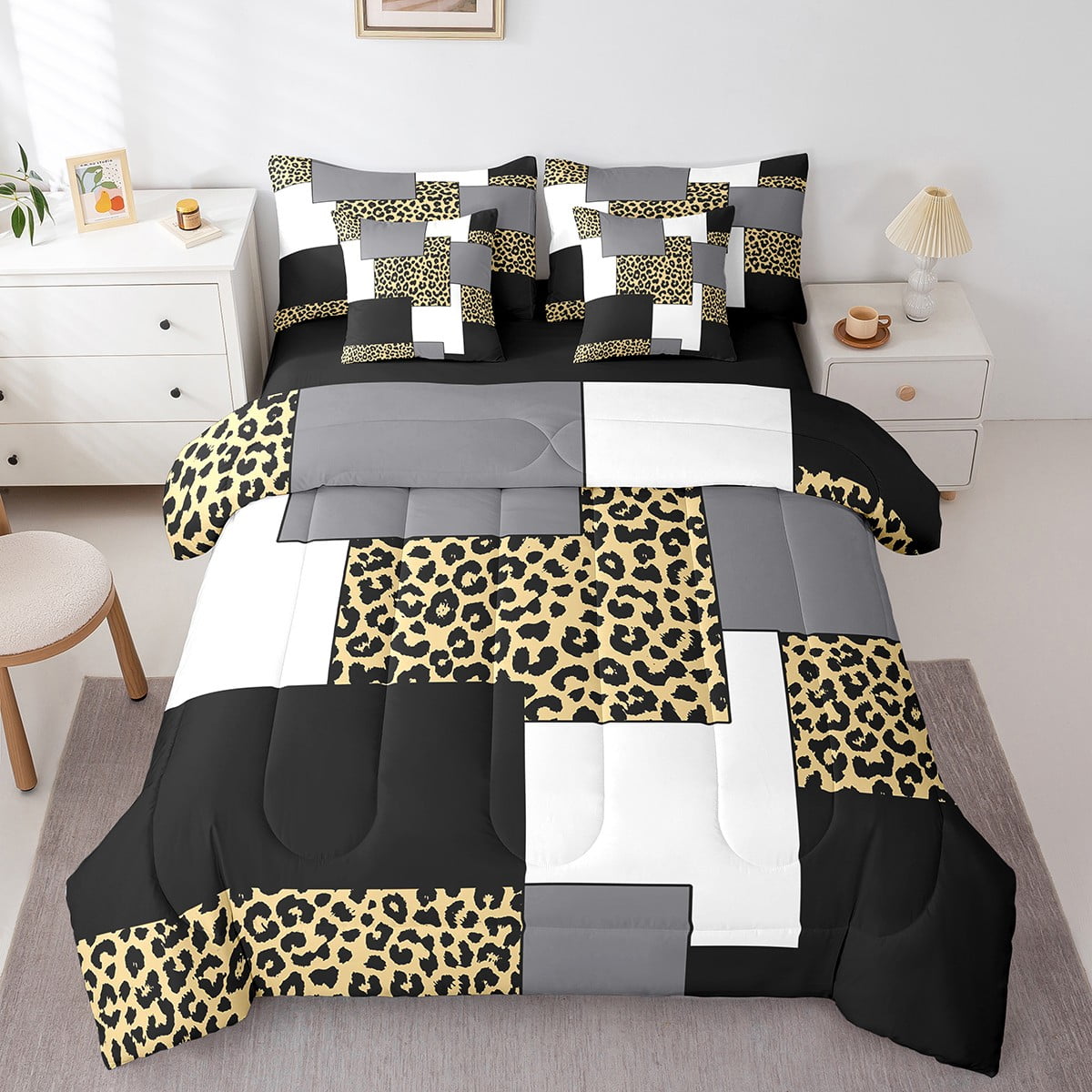 Modern 7 Pcs Comforter Set King,Cheetah Print Bed in A Bag for Women ...