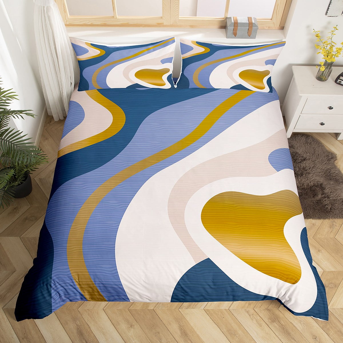 Erosebridal Modern Abstract Bed Set Blue Gold Stripe Duvet Cover, Navy ...