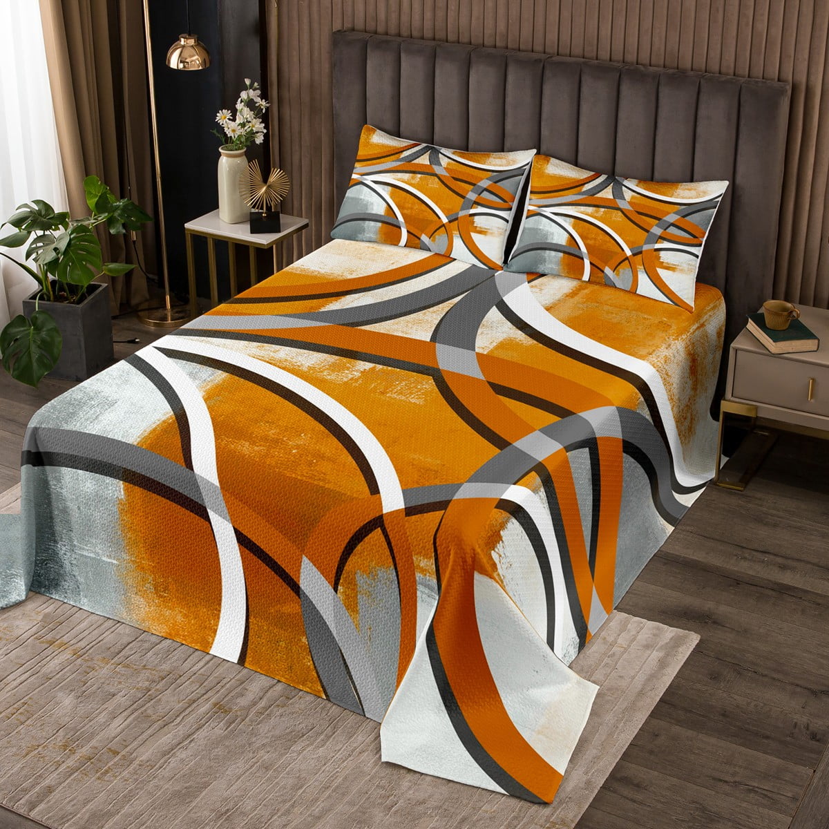 Modern Abstract King Quilt Set Orange White Patchwork Coverlet Set ...