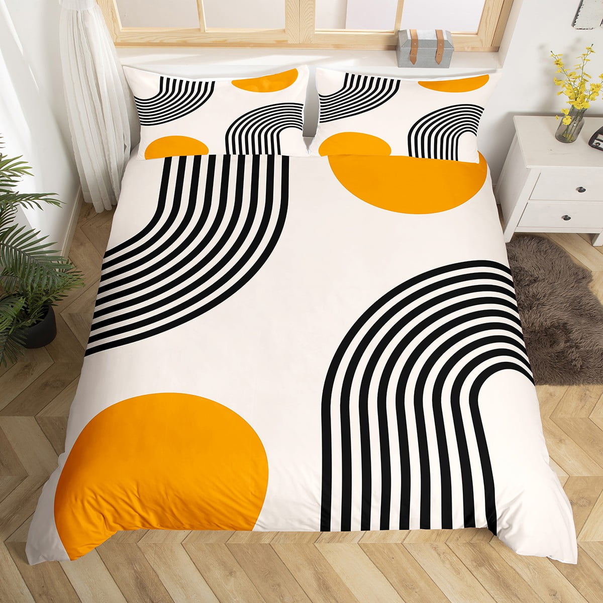 YST Modern Comforter Cover Abstract Art Bed Set, Orange Black White ...