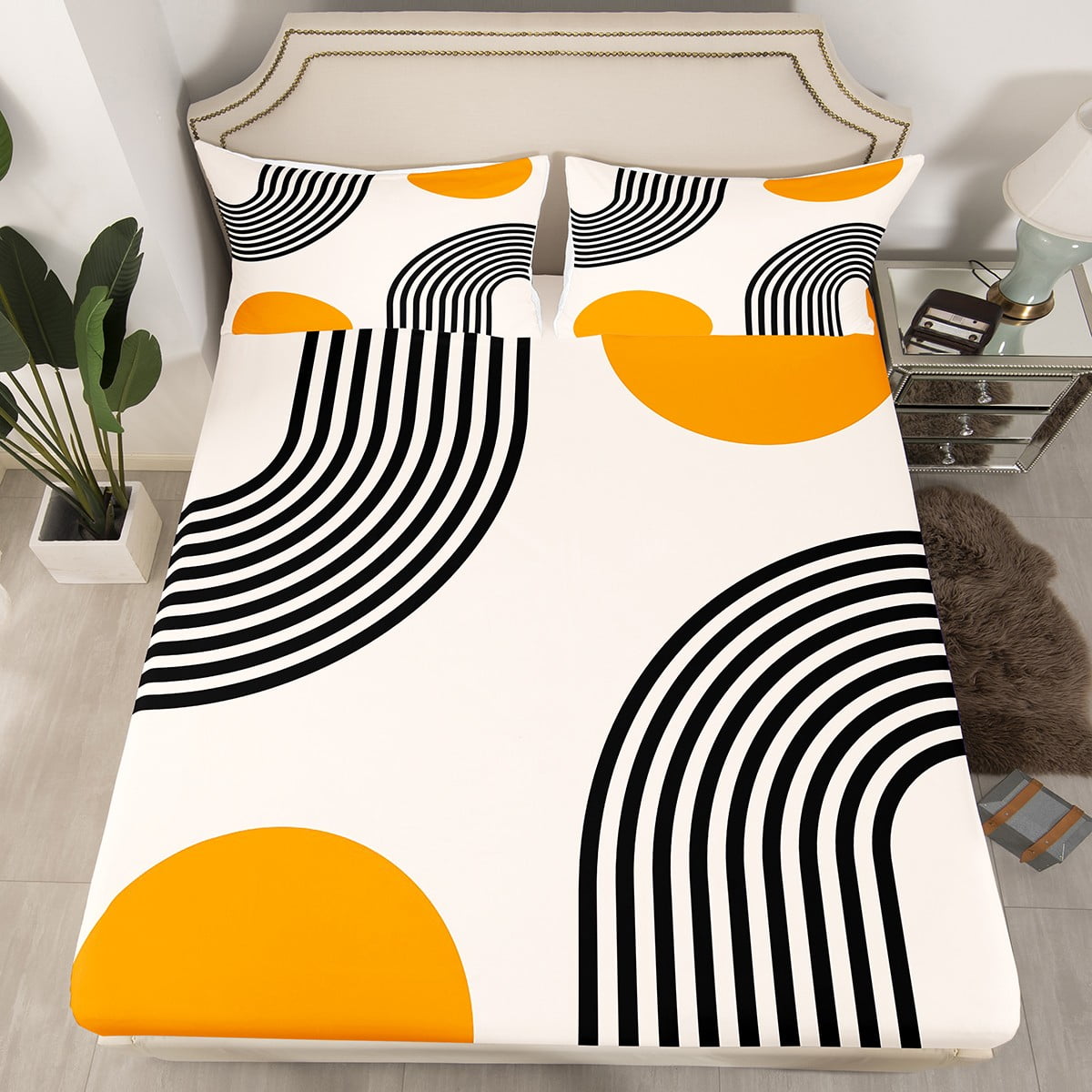 YST Modern Full Fitted Sheet Abstract Art Sheets, Orange Black White ...