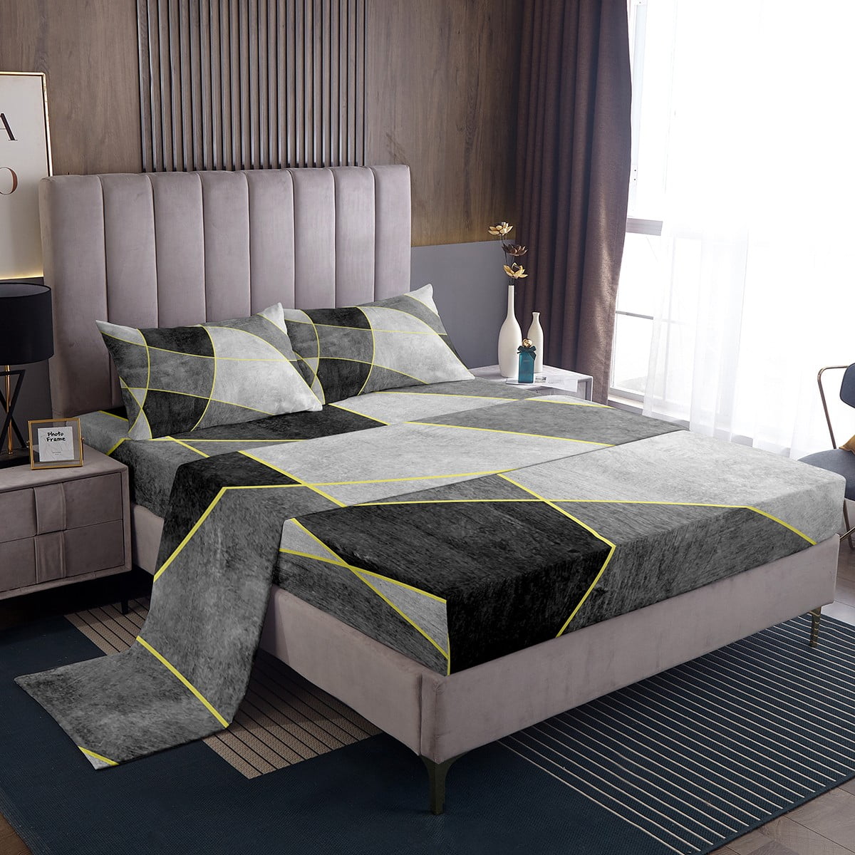 Modern Geometric Bedding Set Queen Grunge Black White Grey Geometry Bed ...