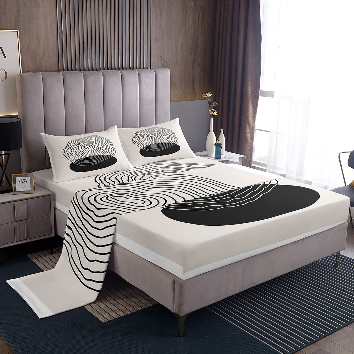 YST Modern Mid Century Bed Set Black Grey Bed Sheets Set, Abstract ...