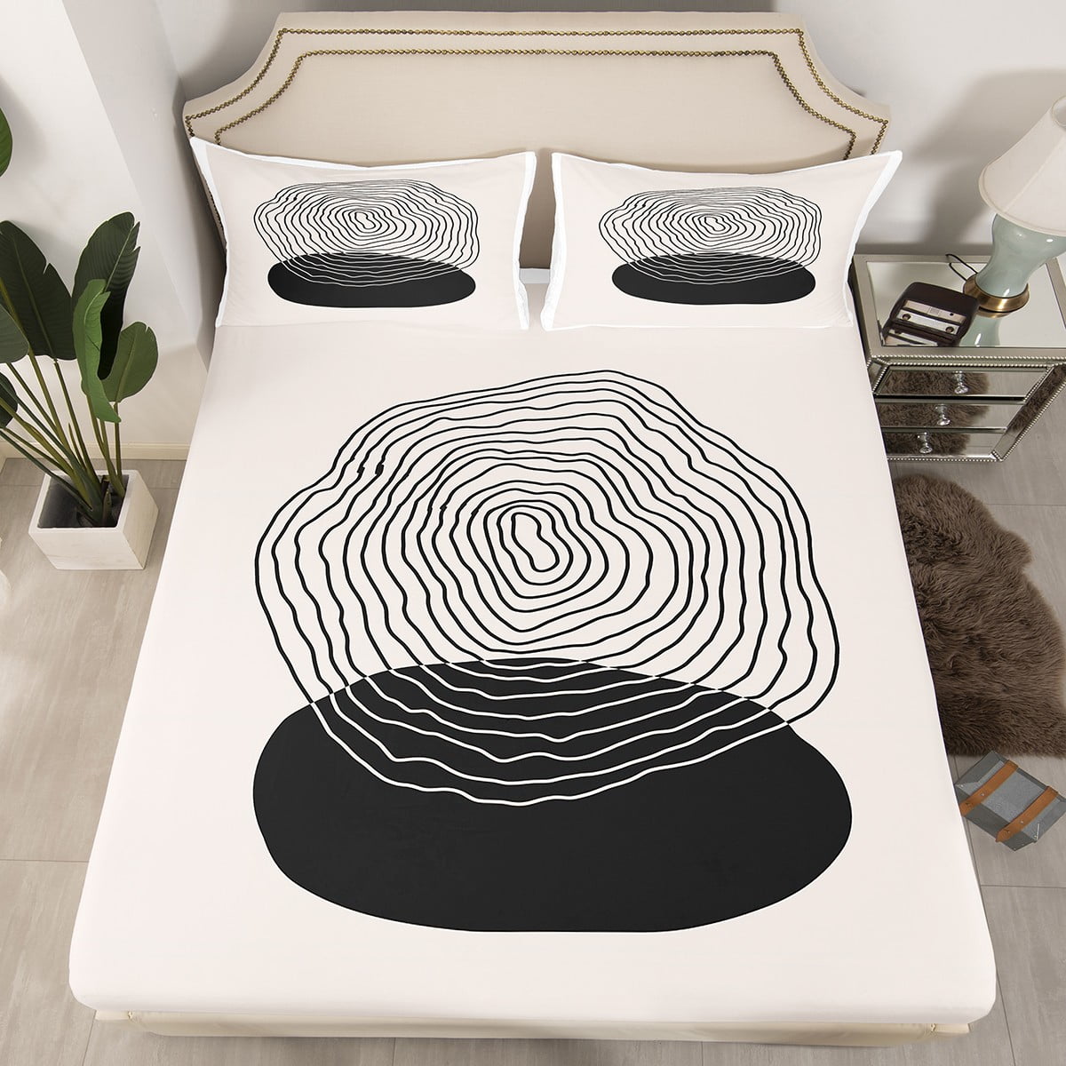 YST Modern Mid Century Full Fitted Sheet Black Grey Sheets, Abstract ...