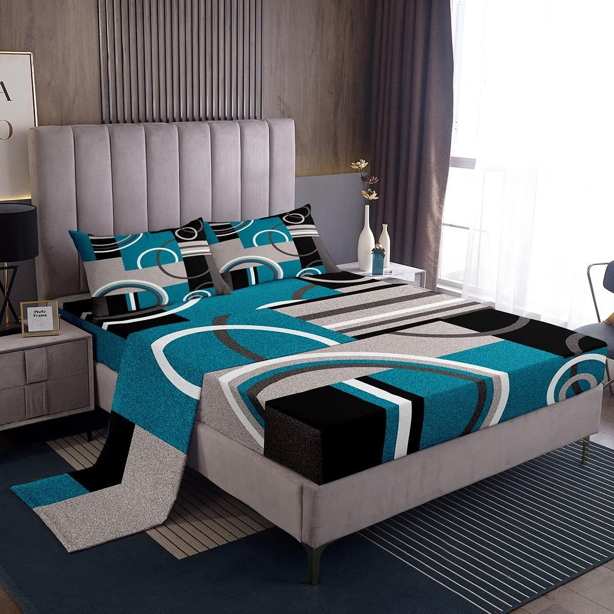 Erosebridal Modern Turquoise Decor Bed Sheets Gray Black Blue Stripes ...