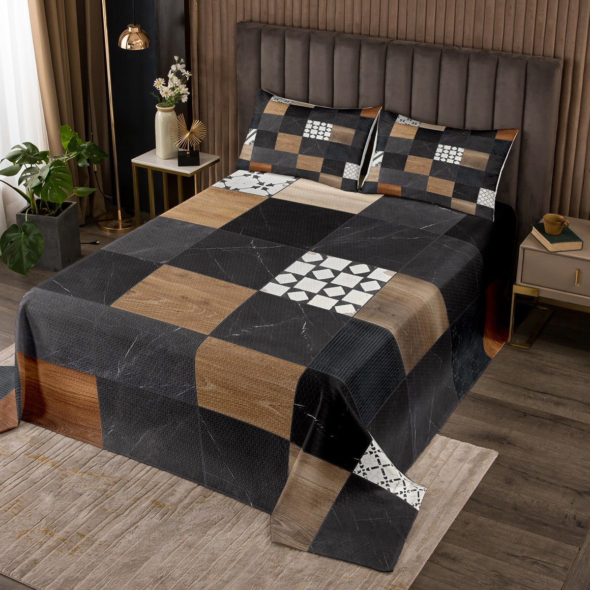 Modern abstract Quilt Set Marble Coverlet Set Black Gray White Plaid ...