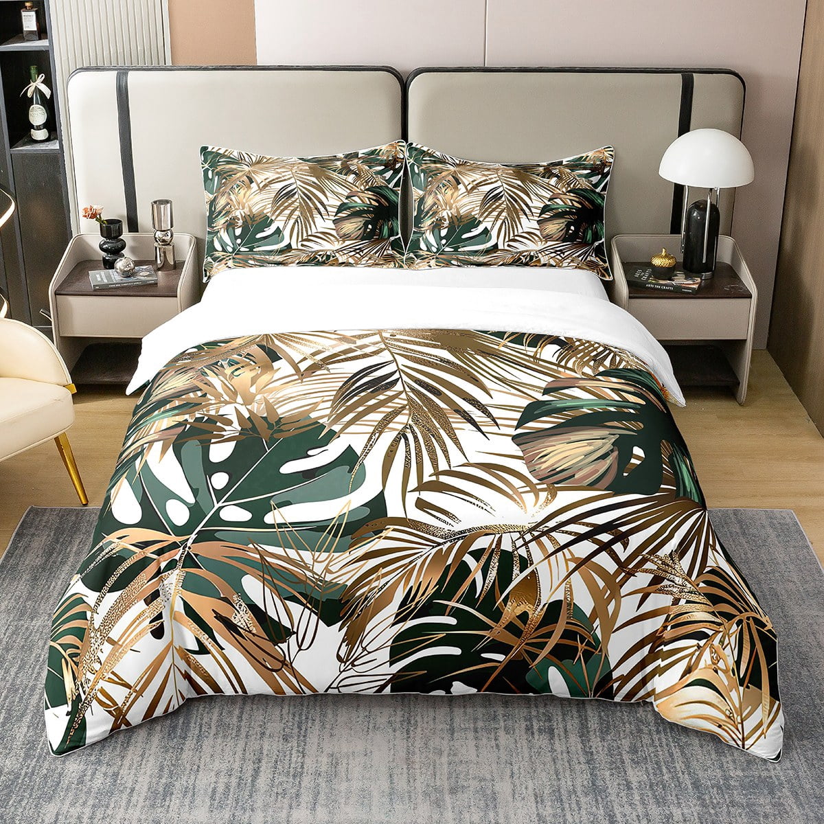 Monstera 100% Natural Cotton Bedding Set,Green Palm Leaf Duvet Cover ...
