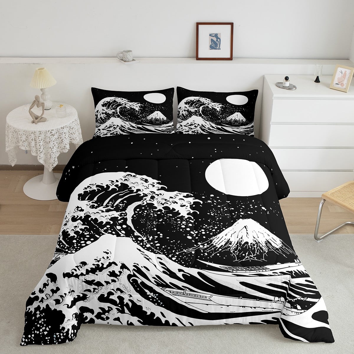 YST Moon Bedding Set Queen,Ocean Waves Comforter Set Mountain Fuji Down ...