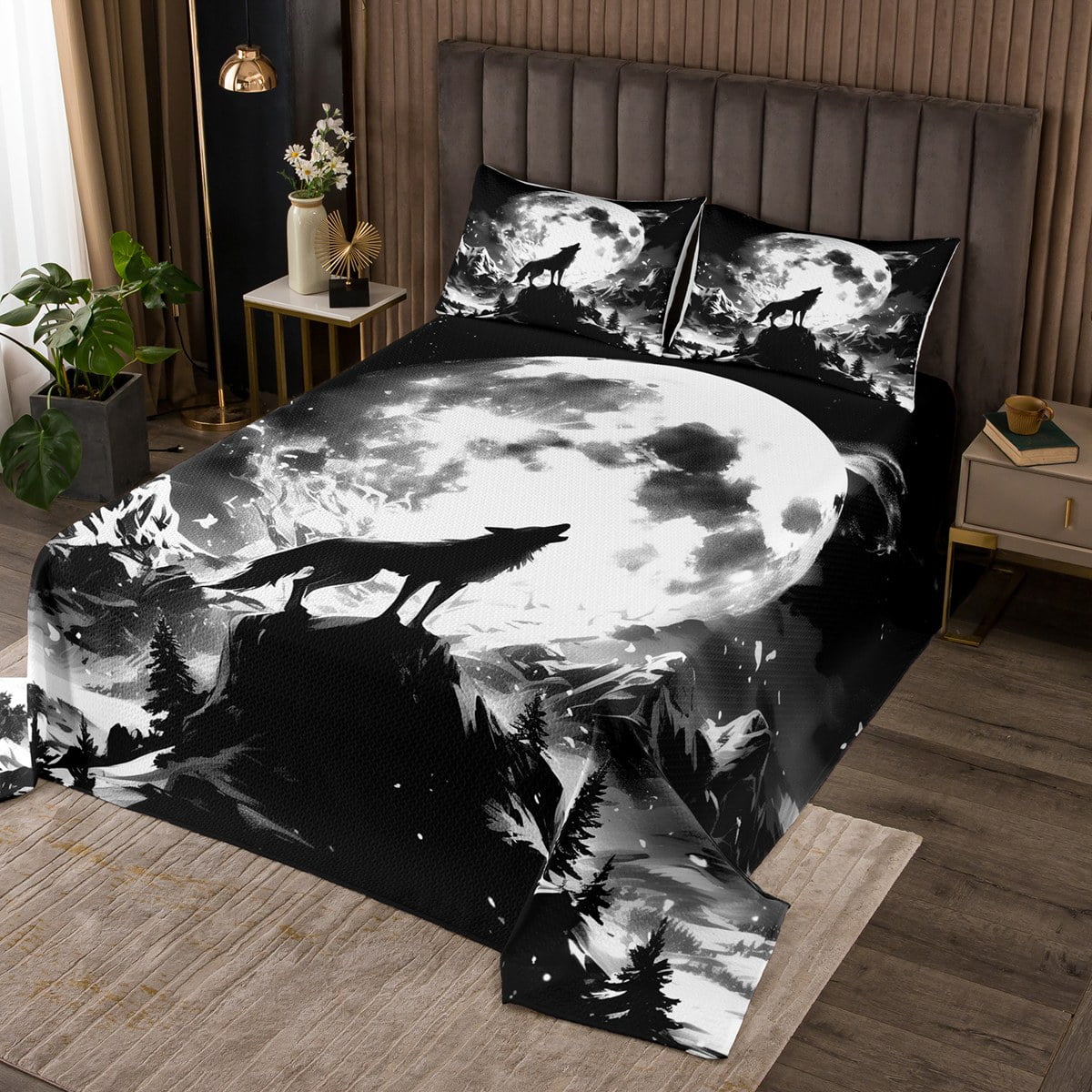 Moon Wolf Bedspread Queen Size Adults,Black and White Wolf Quilt Set ...
